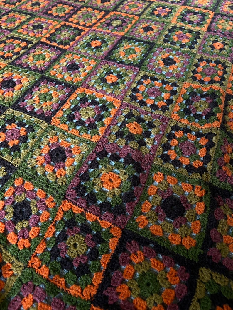 Vintage 1960s Norwegian Granny Square Blanket / Coverlet, Hand ...