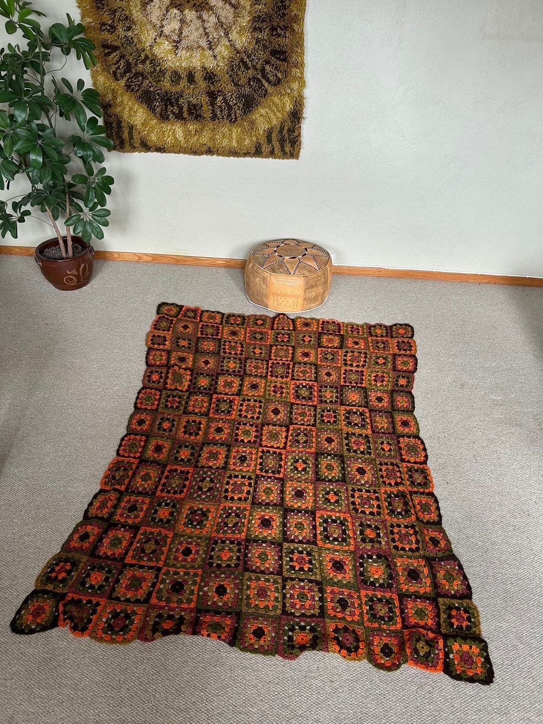 Vintage 1960s Norwegian Granny Square Blanket / Coverlet, Hand ...
