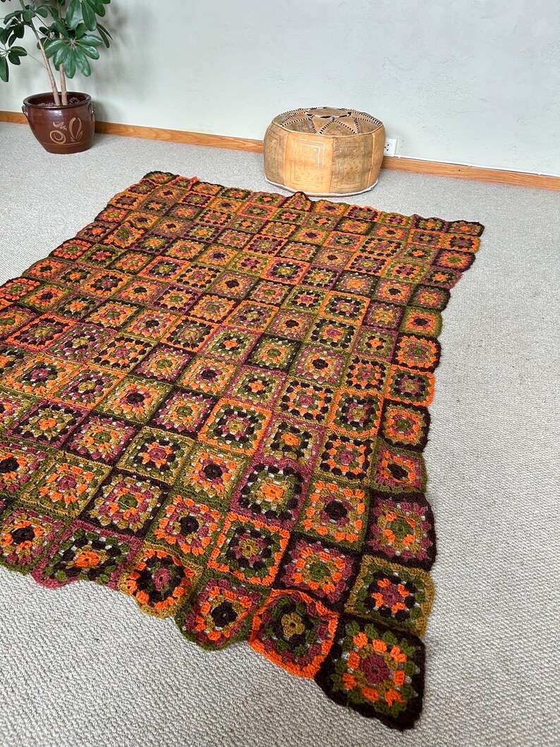Vintage 1960s Norwegian Granny Square Blanket / Coverlet, Hand ...