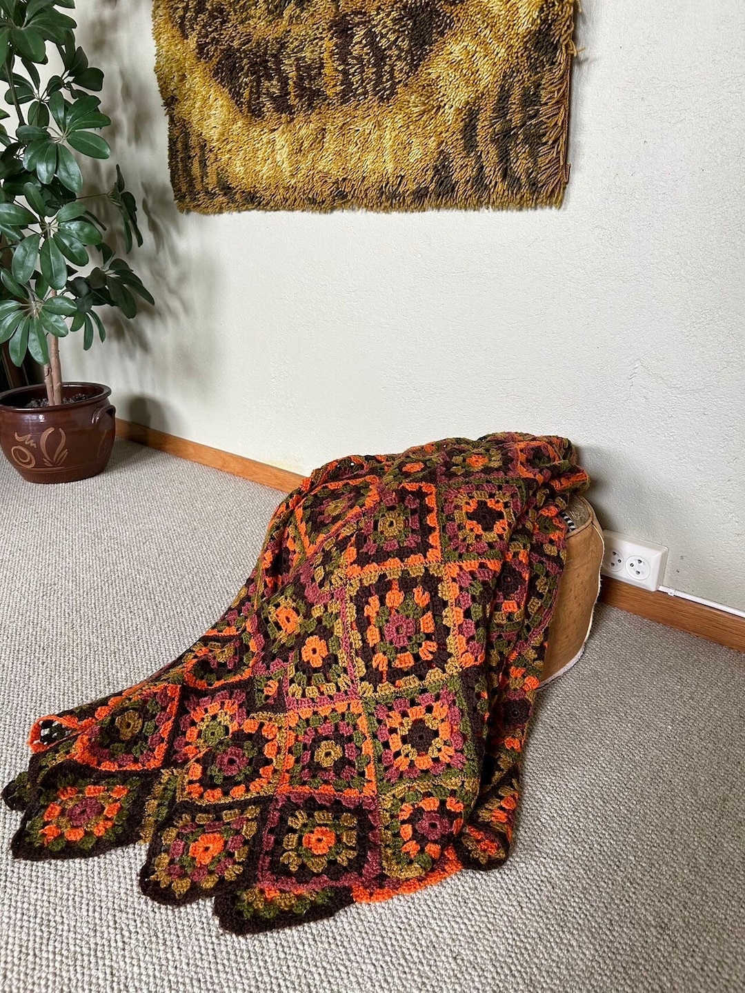 Vintage 1960s Norwegian Granny Square Blanket / Coverlet, Hand ...