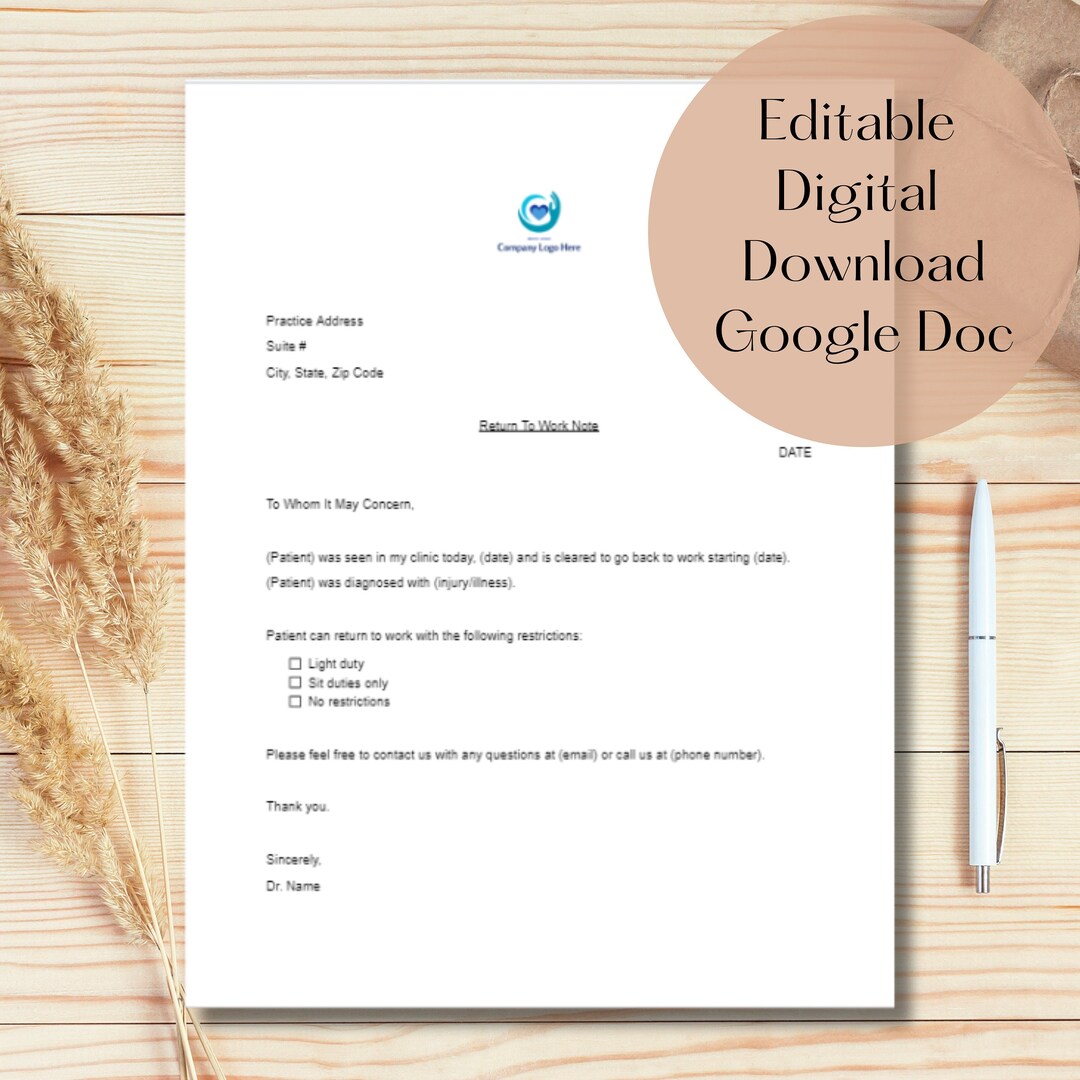 Return to Work Doctors Note Template Doctor Office Work Release ...
