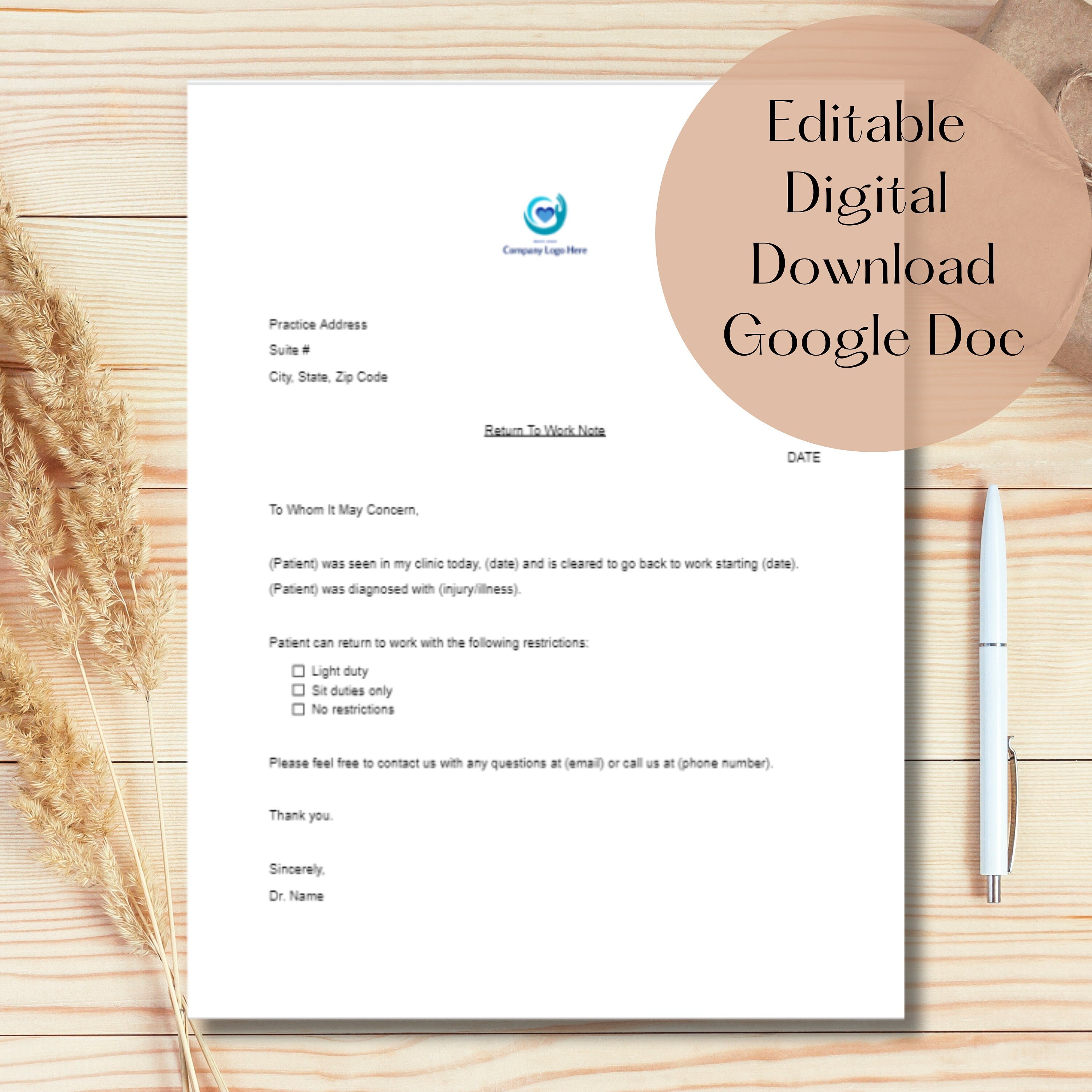 Return to Work Doctors Note Template Doctor Office Work Release ...