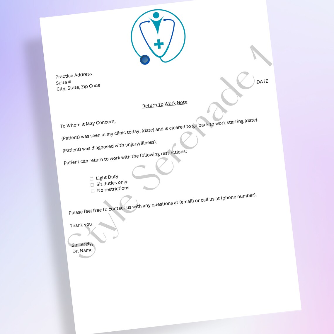 Canva Template Doctor Office Work Release Print Return to Work Doctor ...