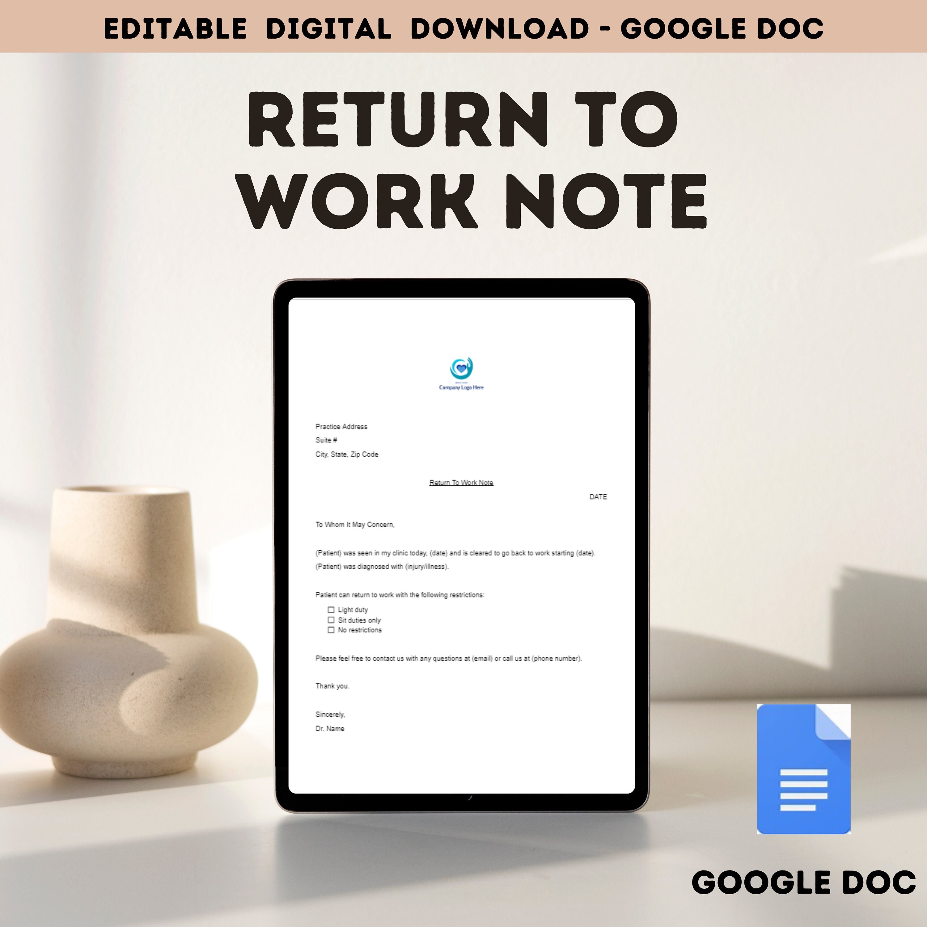 Return to Work Doctors Note Template Doctor Office Work Release ...
