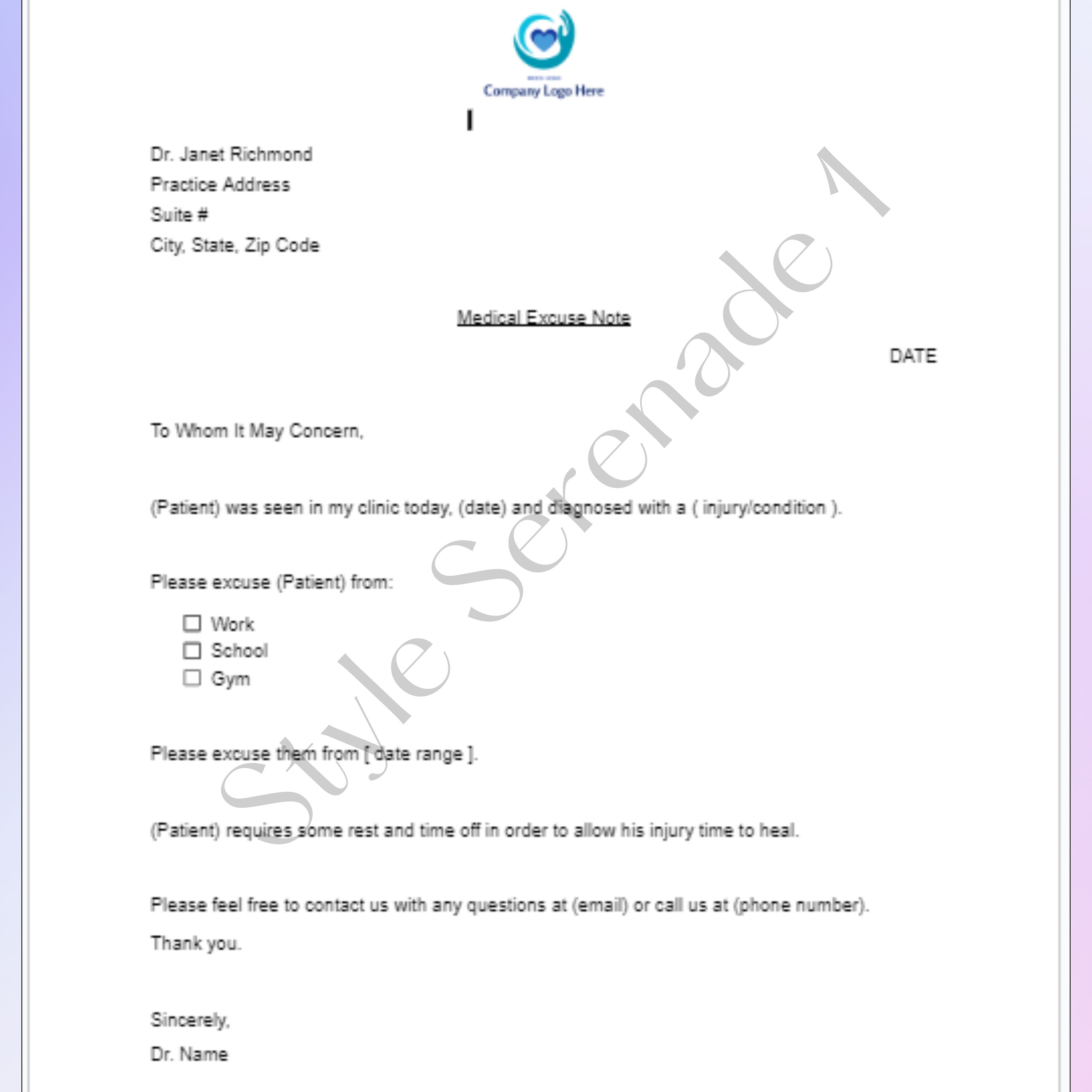 Medical Document Bundle Return to Work Doctors Note Template Doctor ...