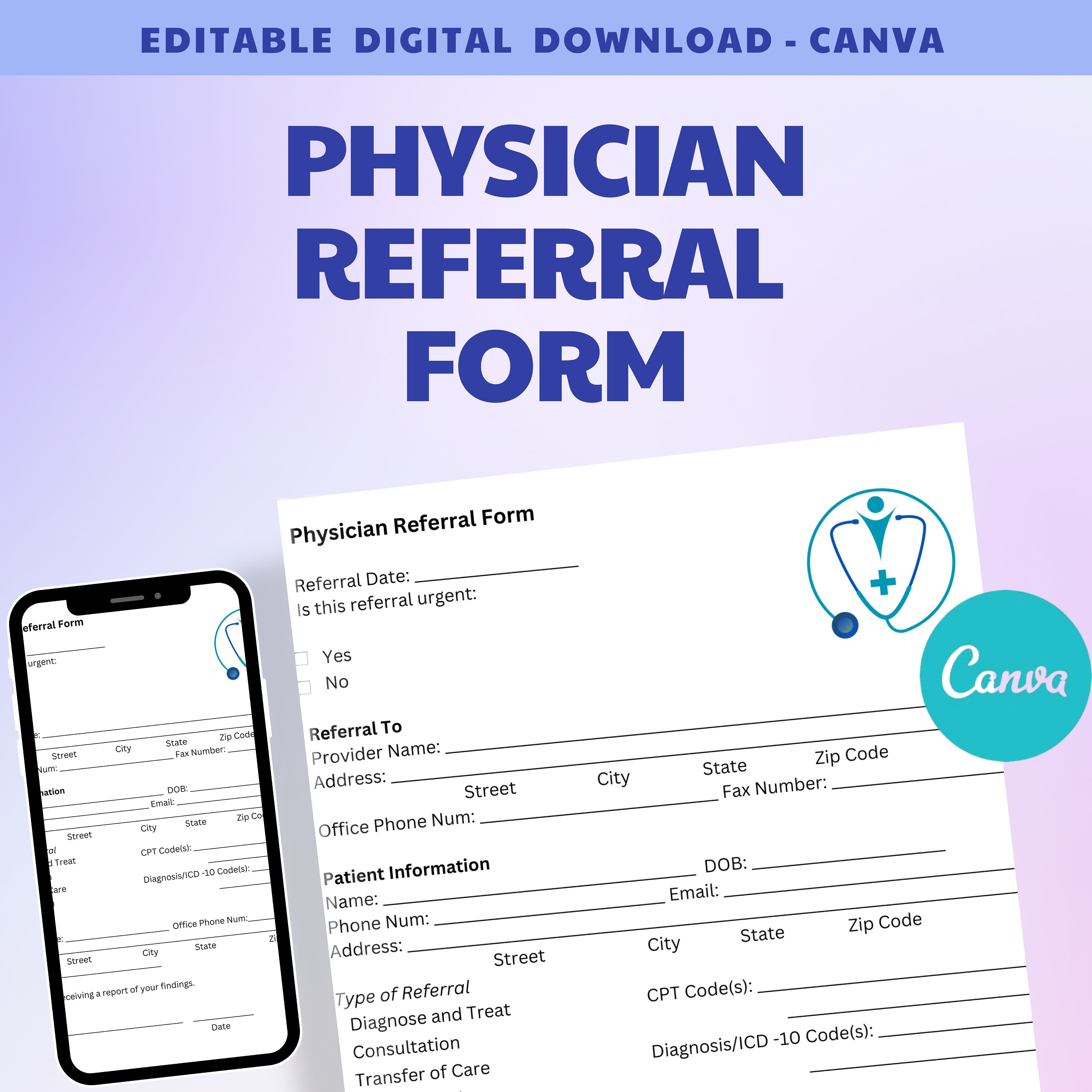 Canva Template Physician Referral Form Digital Download Doctor Referral ...