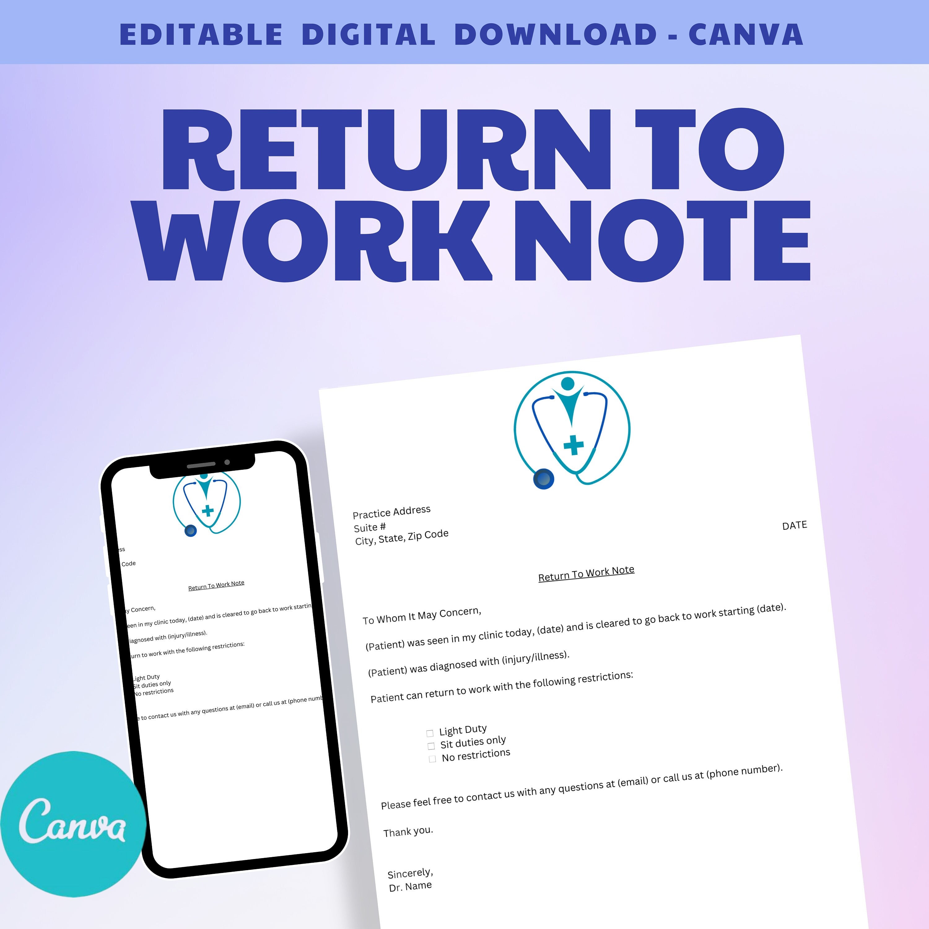 Canva Template Doctor Office Work Release Print Return to Work Doctor ...