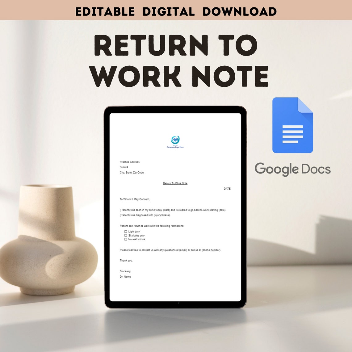 Return to Work Doctors Note Template Doctor Office Work Release ...