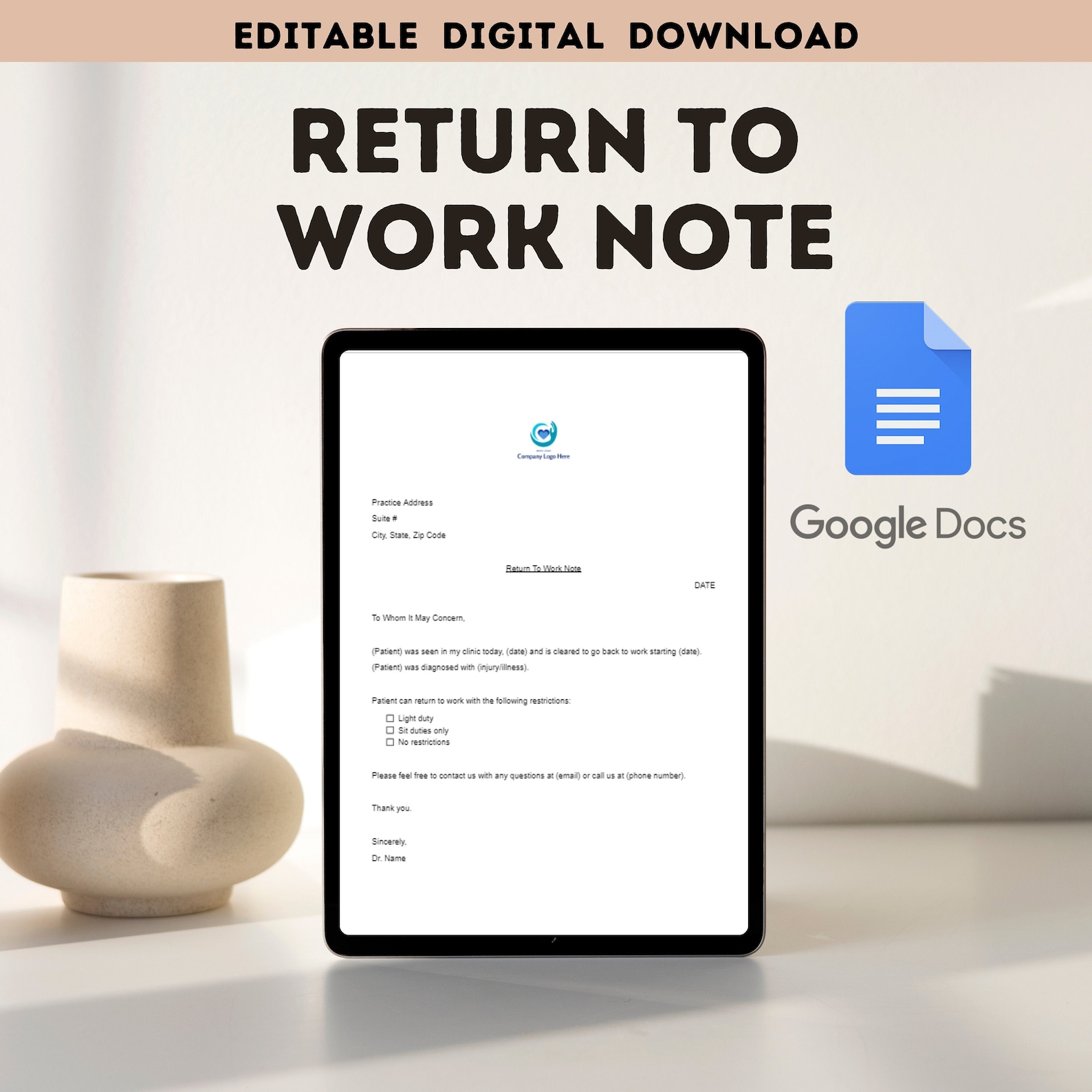 Return to Work Doctors Note Template Doctor Office Work Release ...