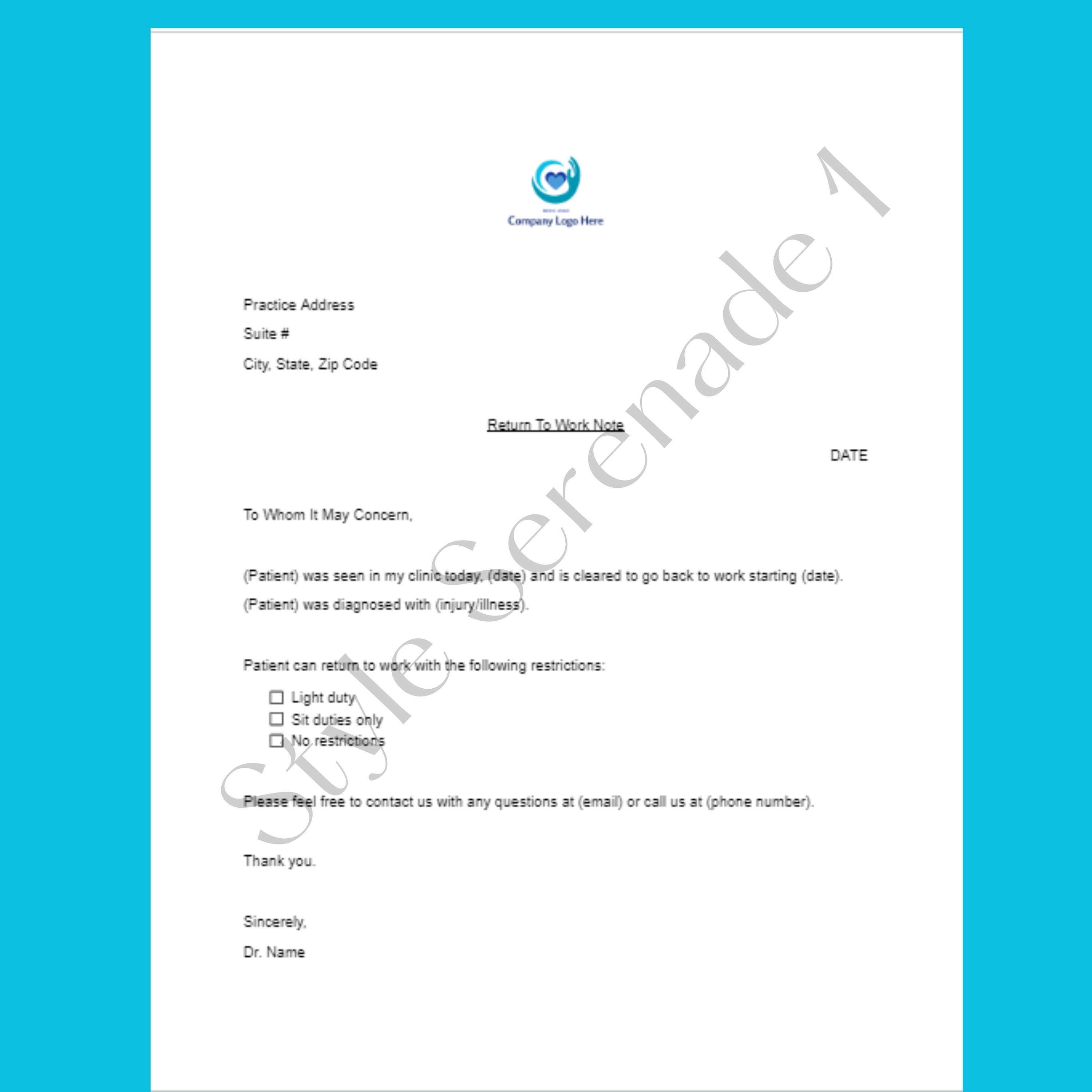 Return to Work Doctors Note Template Doctor Office Work Release ...