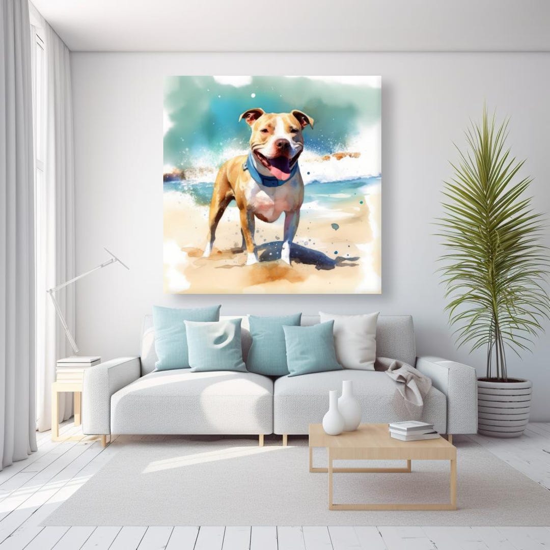Happy Pit Bull at the Beach, Pit Bull Artwork, Pit Bull Home Decor, Pet ...