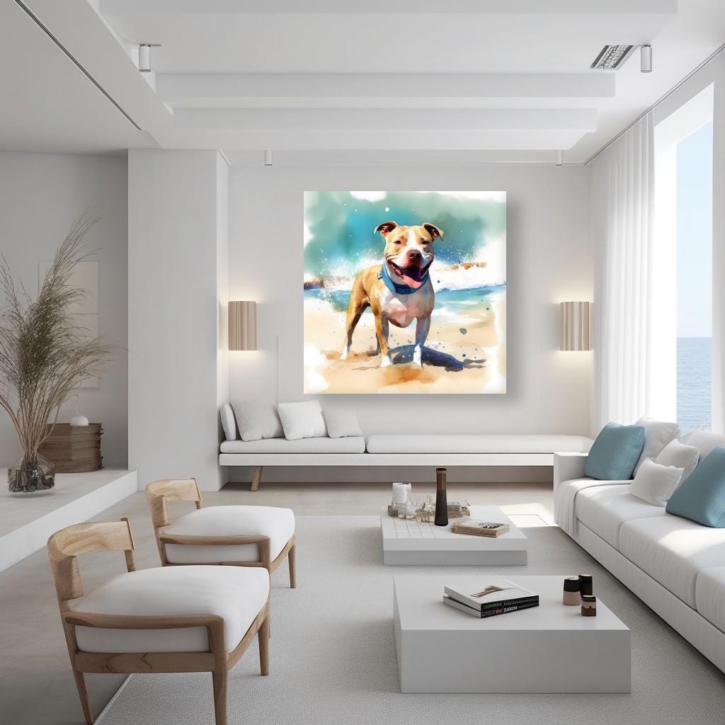 Happy Pit Bull at the Beach, Pit Bull Artwork, Pit Bull Home Decor, Pet ...