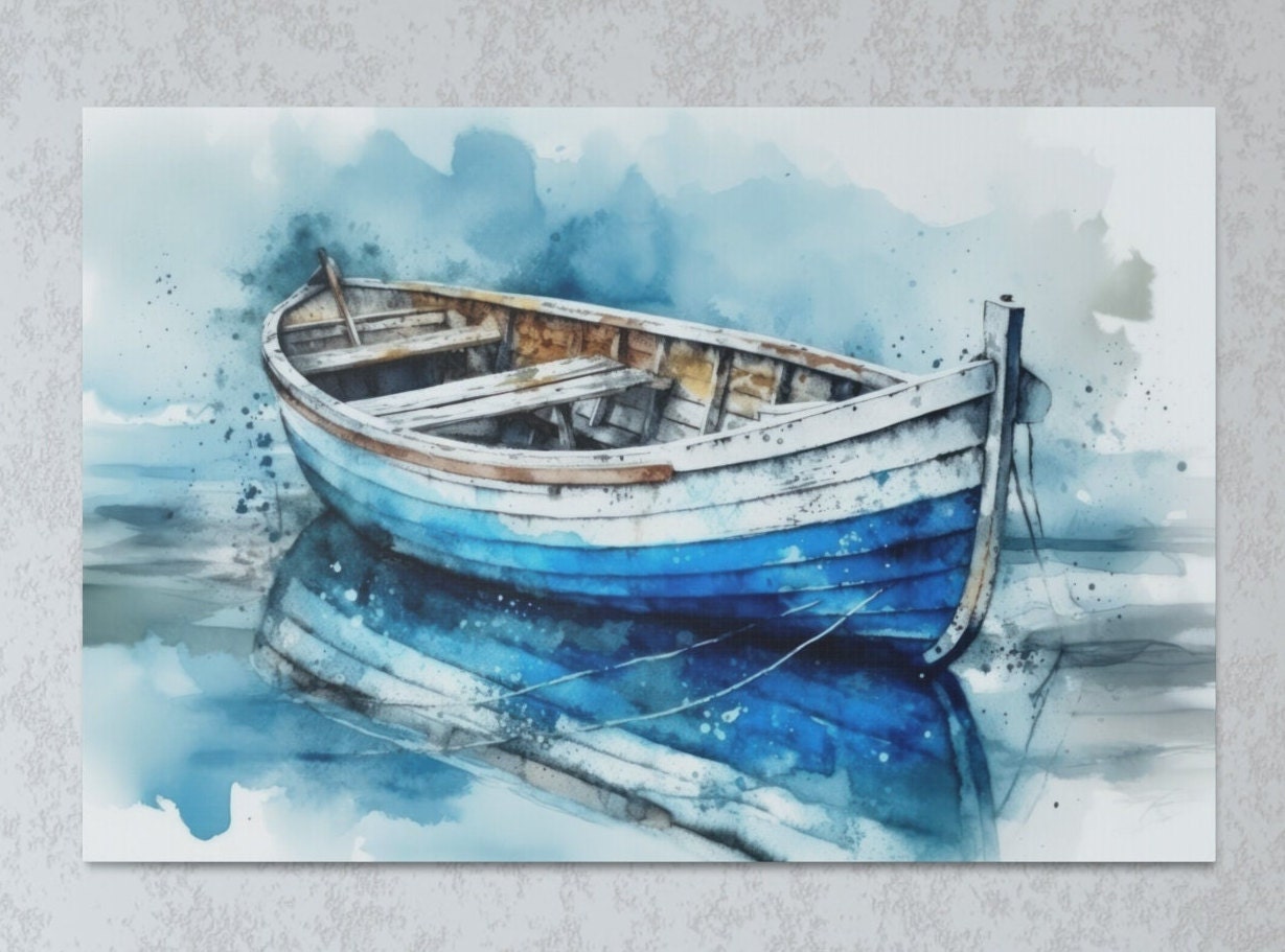 Blue Rowboat Wall Art, Blue Boat Art, Lake House Decor, Beach Wall Art ...