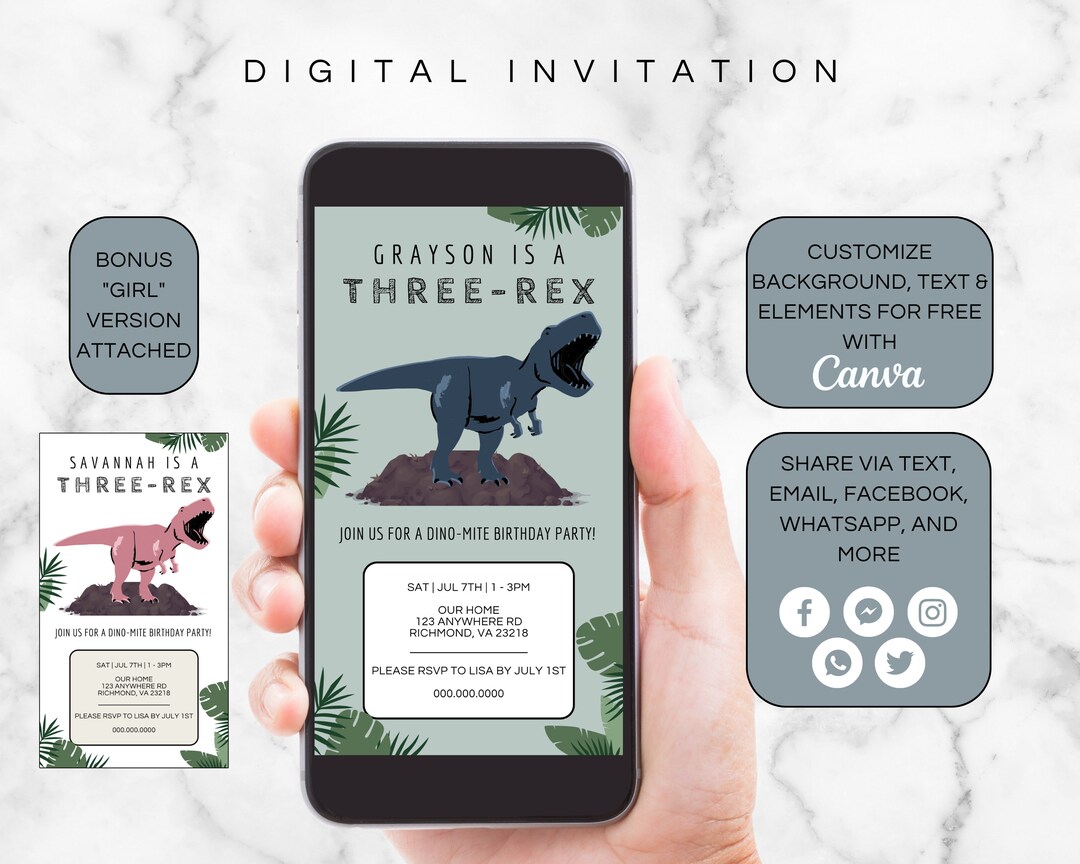 Editable Dinosaur Birthday Invitation, T Rex, Three Rex, Dino-mite Party, Editable Template ...