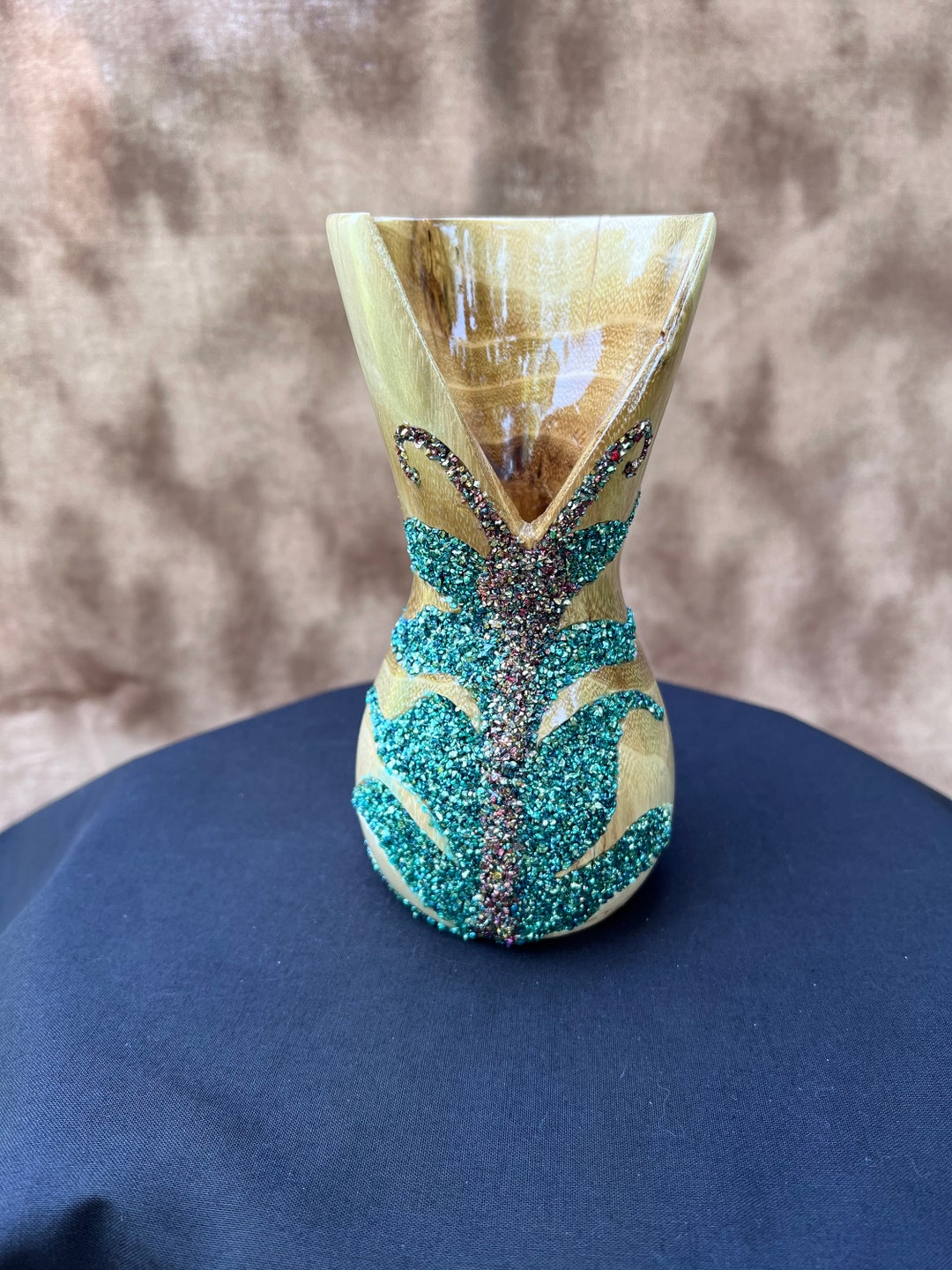 Crushed Sea Glass & Black Locust Wood Vase - Etsy