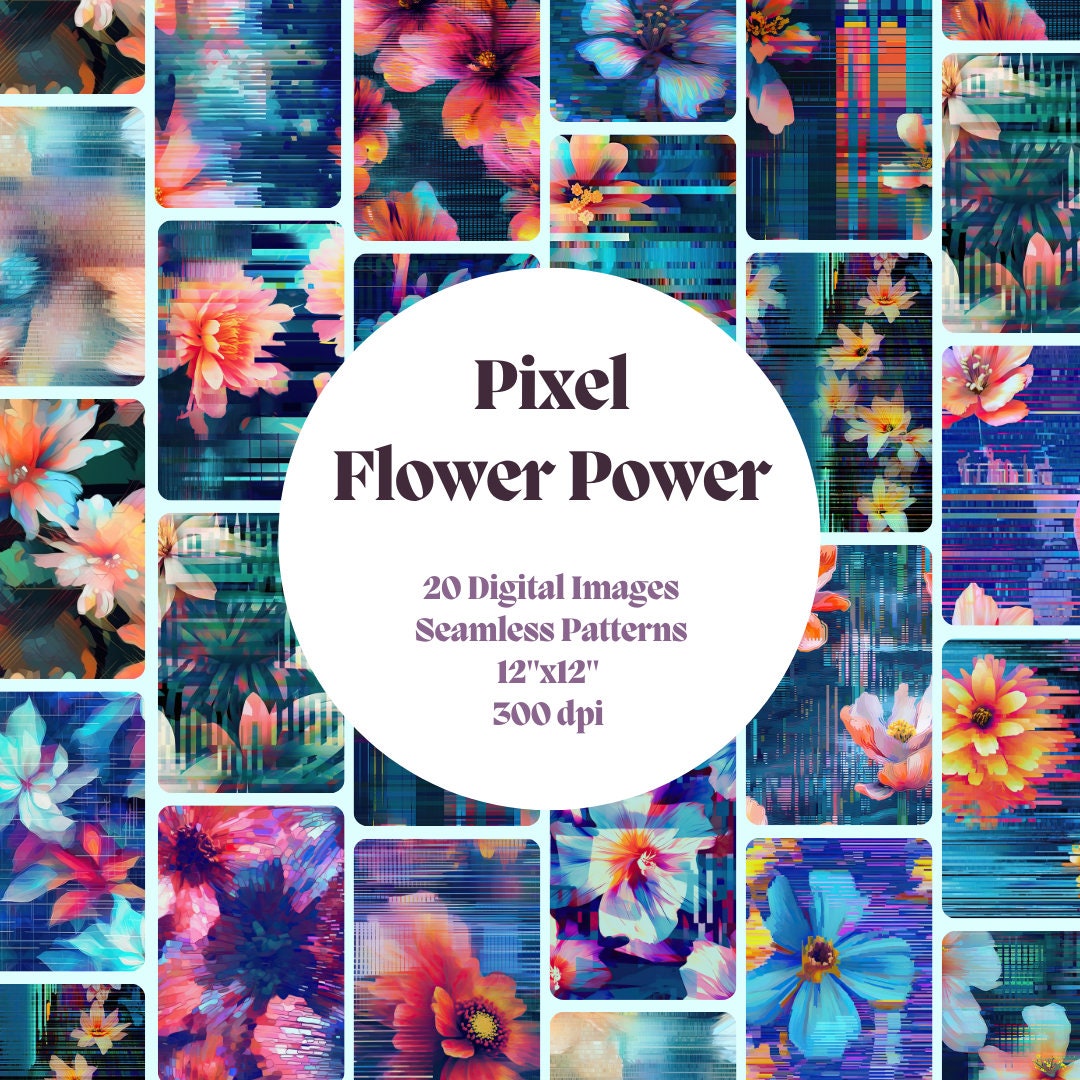 Pixel Flower Power - Seamless Paper / Pattern (glitchy Flowers, Vibrant ...