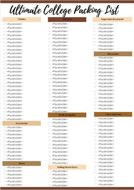 Printable College Packing List, Back to School, Packing Checklist ...