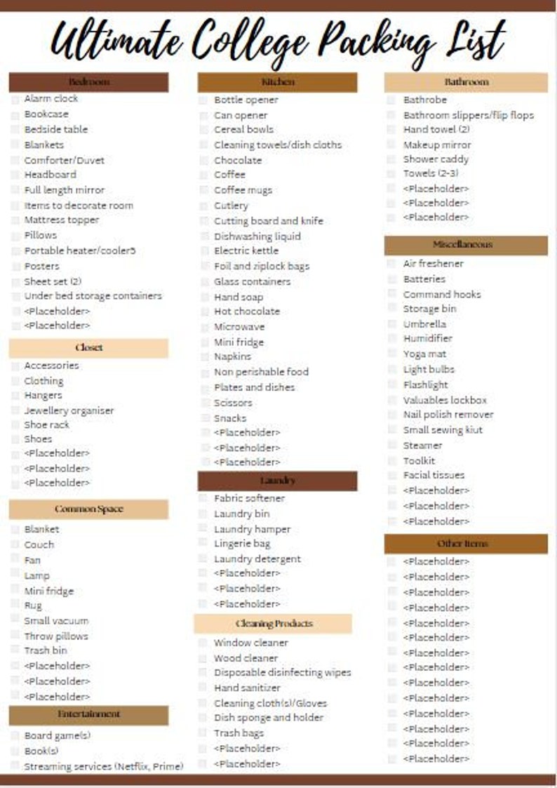 Printable College Packing List, Back to School, Packing Checklist ...