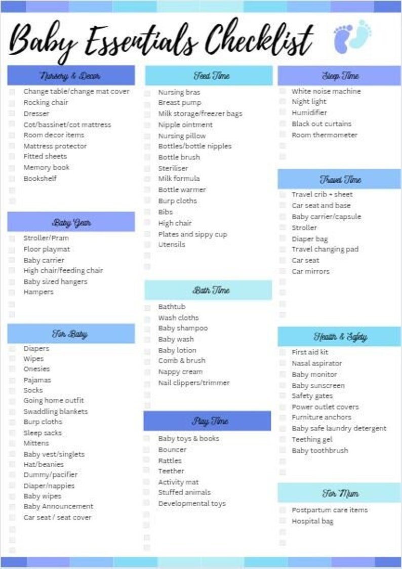 Baby Essentials Checklist Printable Blue|newborn Essentials|nursery Checklist|baby Registry ...