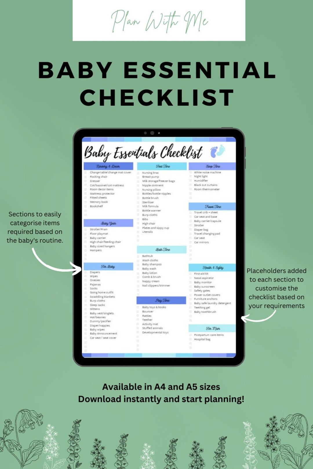 Baby Essentials Checklist Printable Blue|newborn Essentials|nursery ...