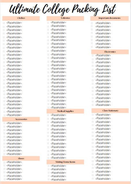 Printable College Packing List, Back to School, Packing Checklist ...