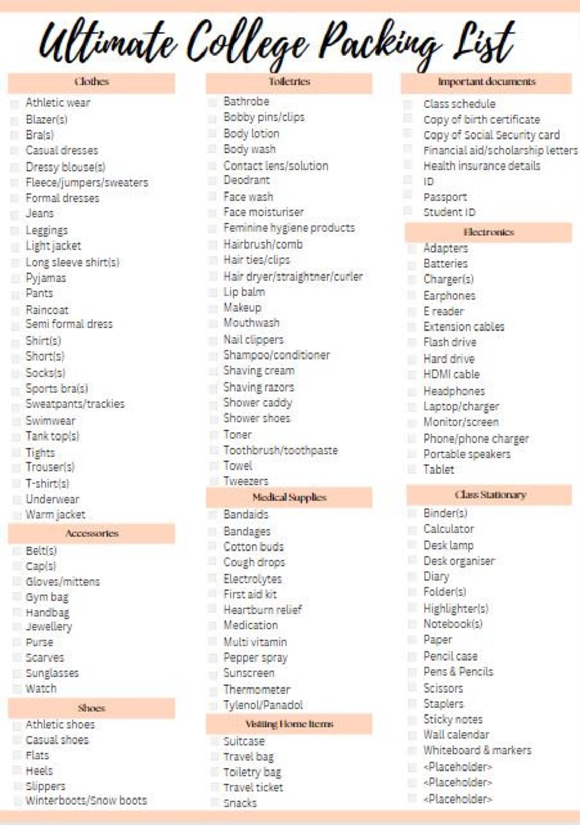 Printable College Packing List, Back to School, Packing Checklist ...