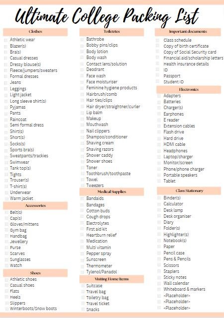 Printable College Packing List, Back to School, Packing Checklist ...