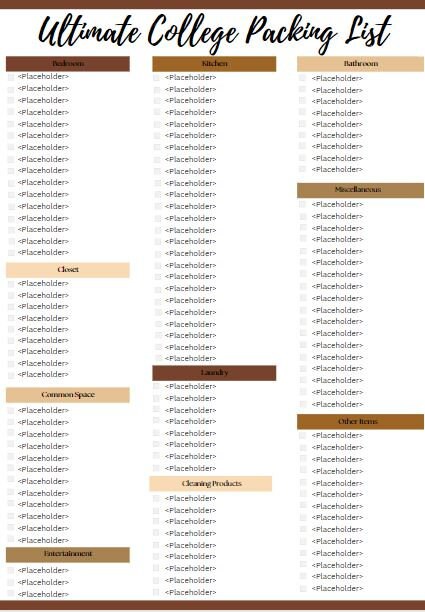 Printable College Packing List, Back to School, Packing Checklist ...