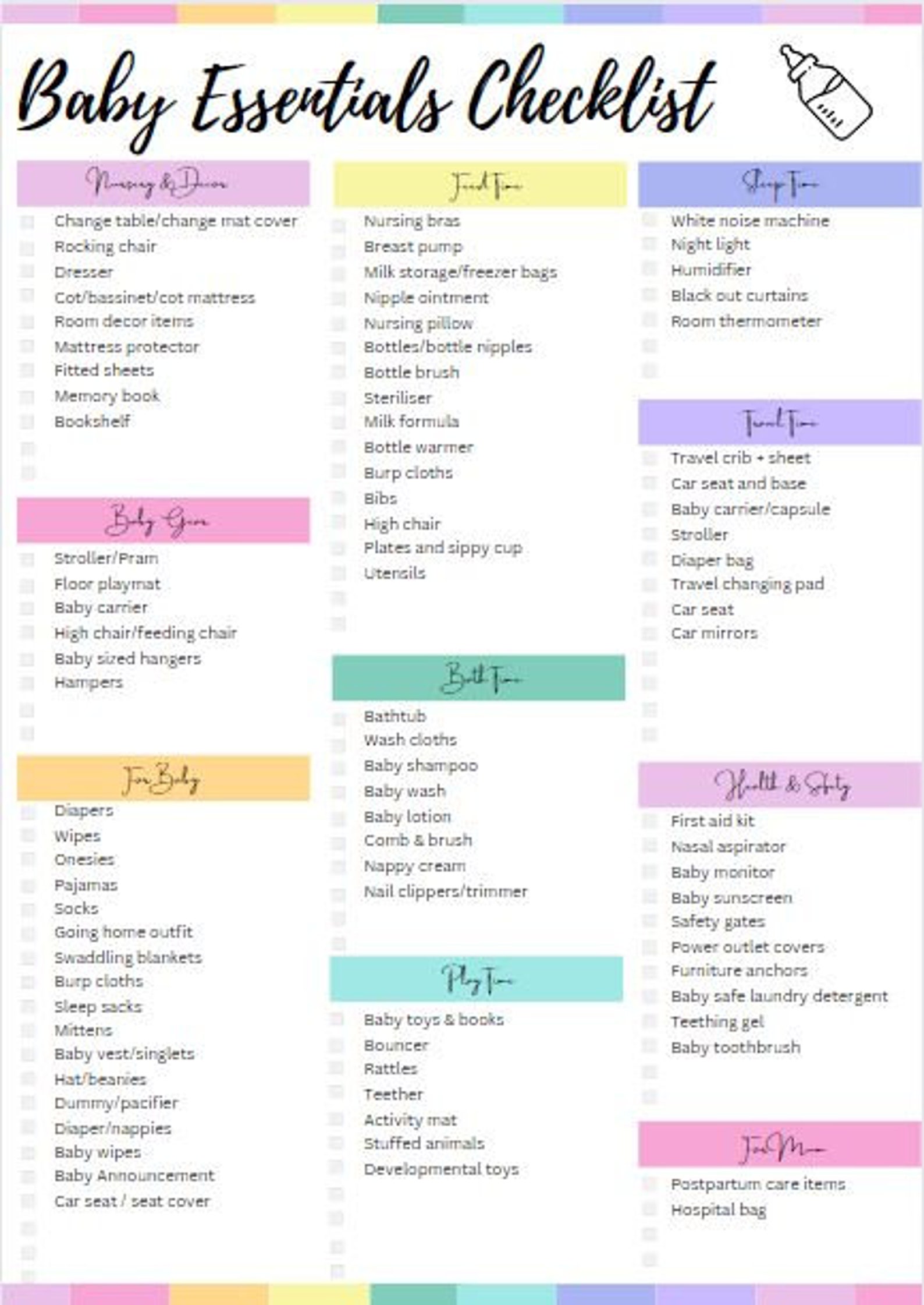 Baby Essentials Checklist Printable Rainbow|newborn Essentials|nursery Checklist|baby Registry ...