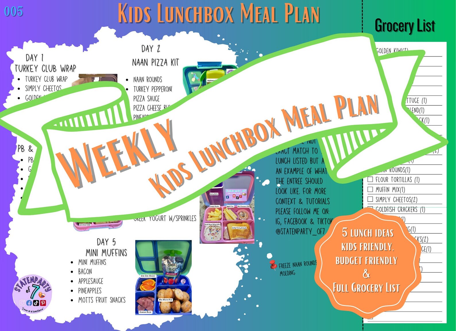 005-kids Weekly Lunchbox Meal Plan - Etsy