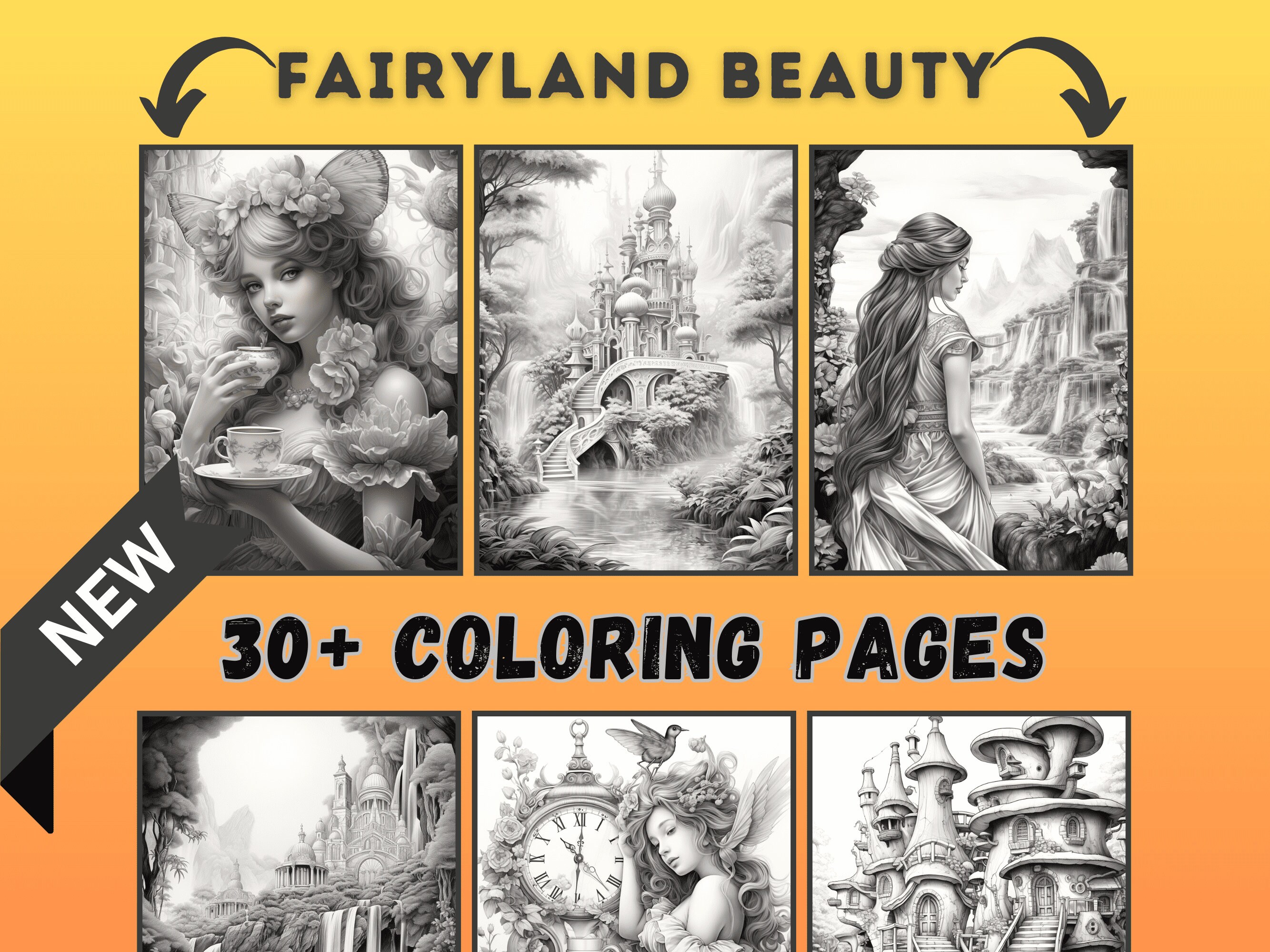 35 Beauty in Fairyland Coloring Pages for Adults, Grayscale Coloring ...