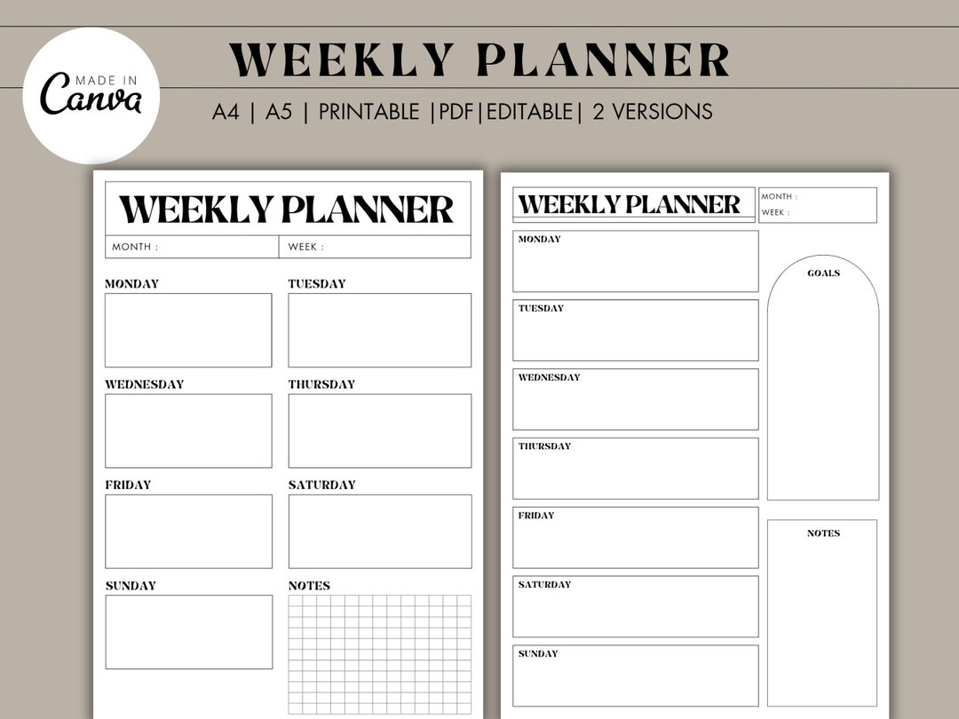 Editable Weekly Planner Template: A4/A5 Printable (canva Digital ...