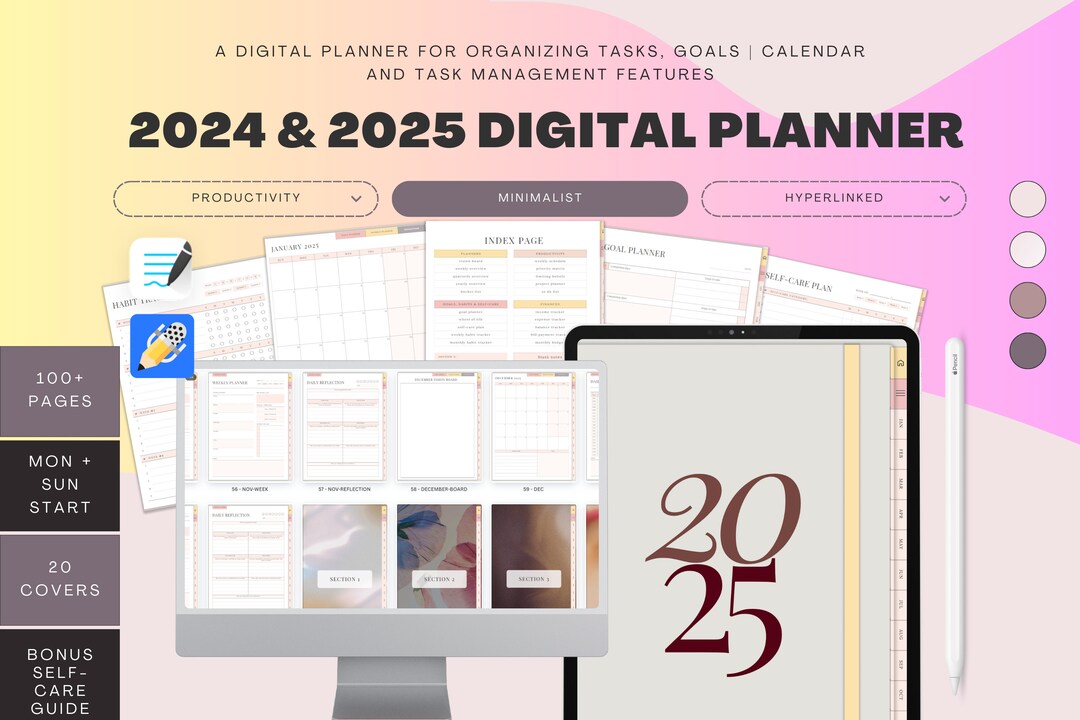 2024 | 2025 Digital Planner | Productivity Planner | Hyperlinked ...