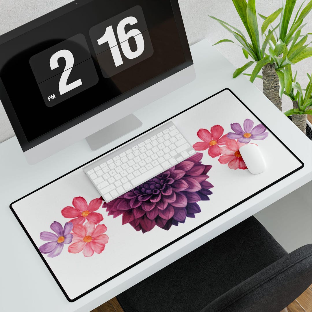 Pink + Purple Dahlia Floral Desk Mat Aesthetic Large Keyboard Pad for ...