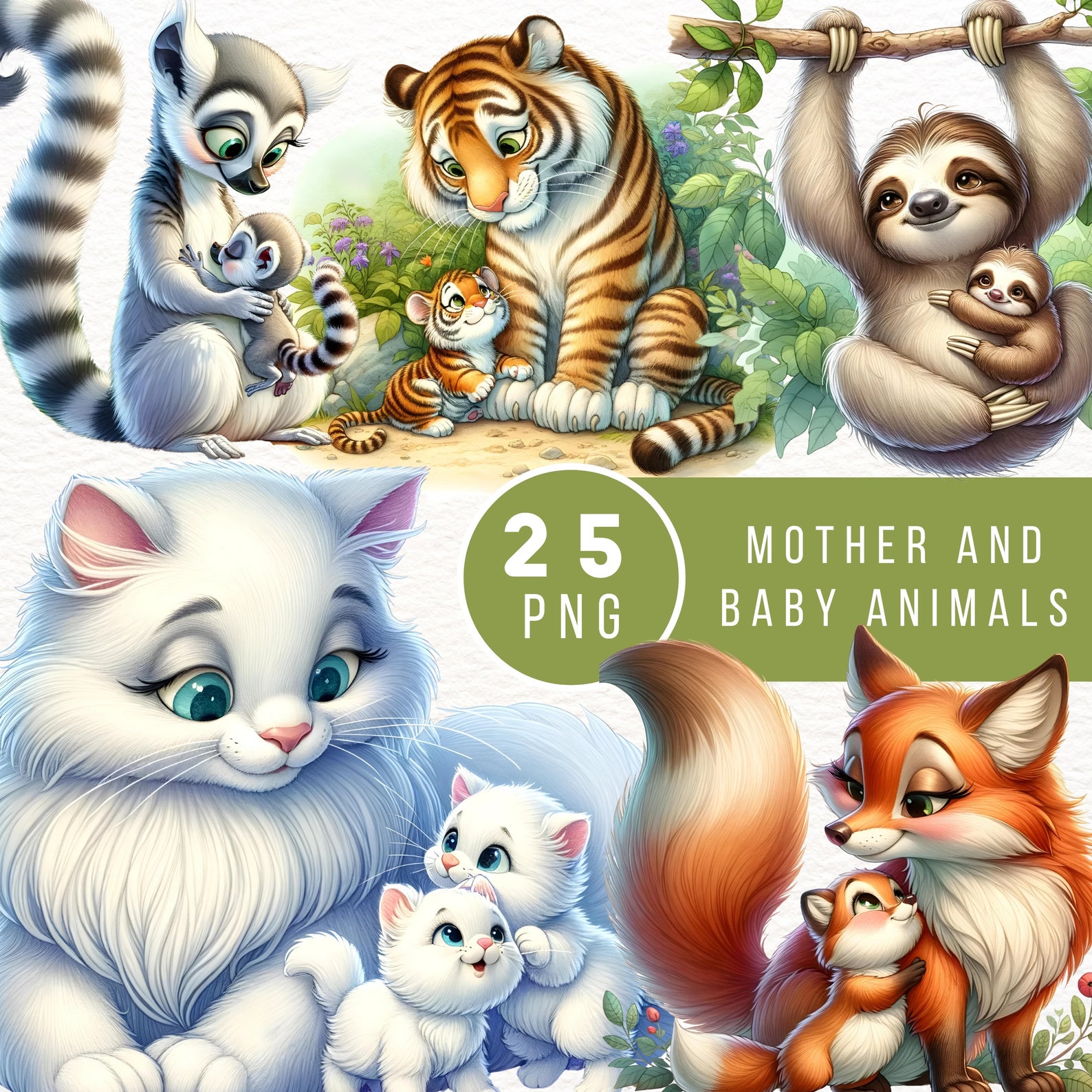 Adorable Watercolor Clipart of Cute Mother and Baby Animals for Nursery ...