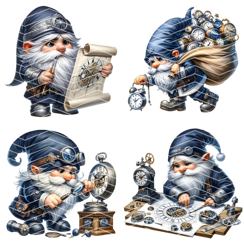 Enchanting Gnomes Clockmaker Watercolor Painting Clipart - Vintage ...