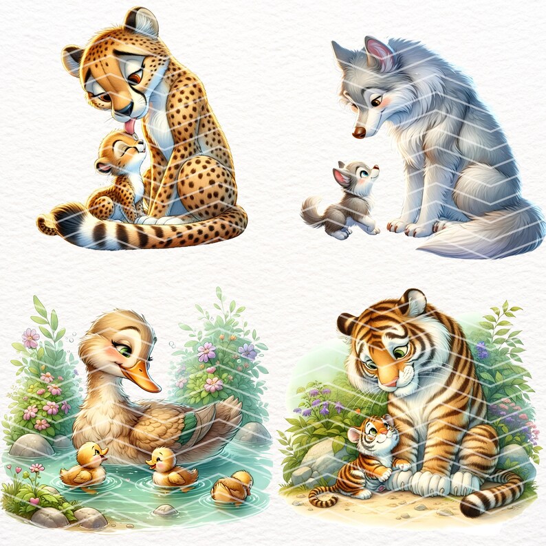Adorable Watercolor Clipart of Cute Mother and Baby Animals for Nursery ...