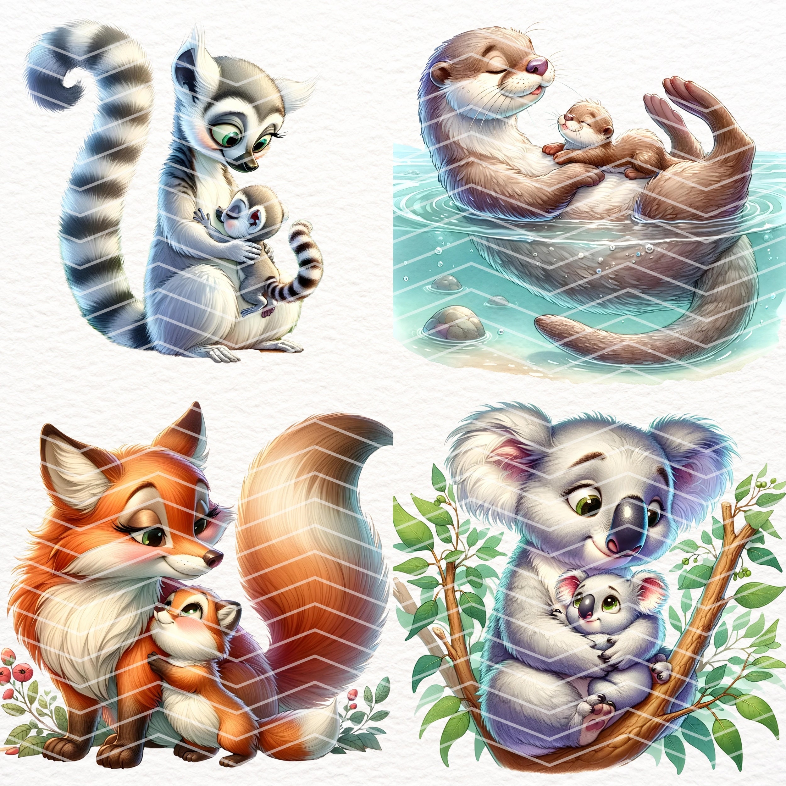 Adorable Watercolor Clipart of Cute Mother and Baby Animals for Nursery ...