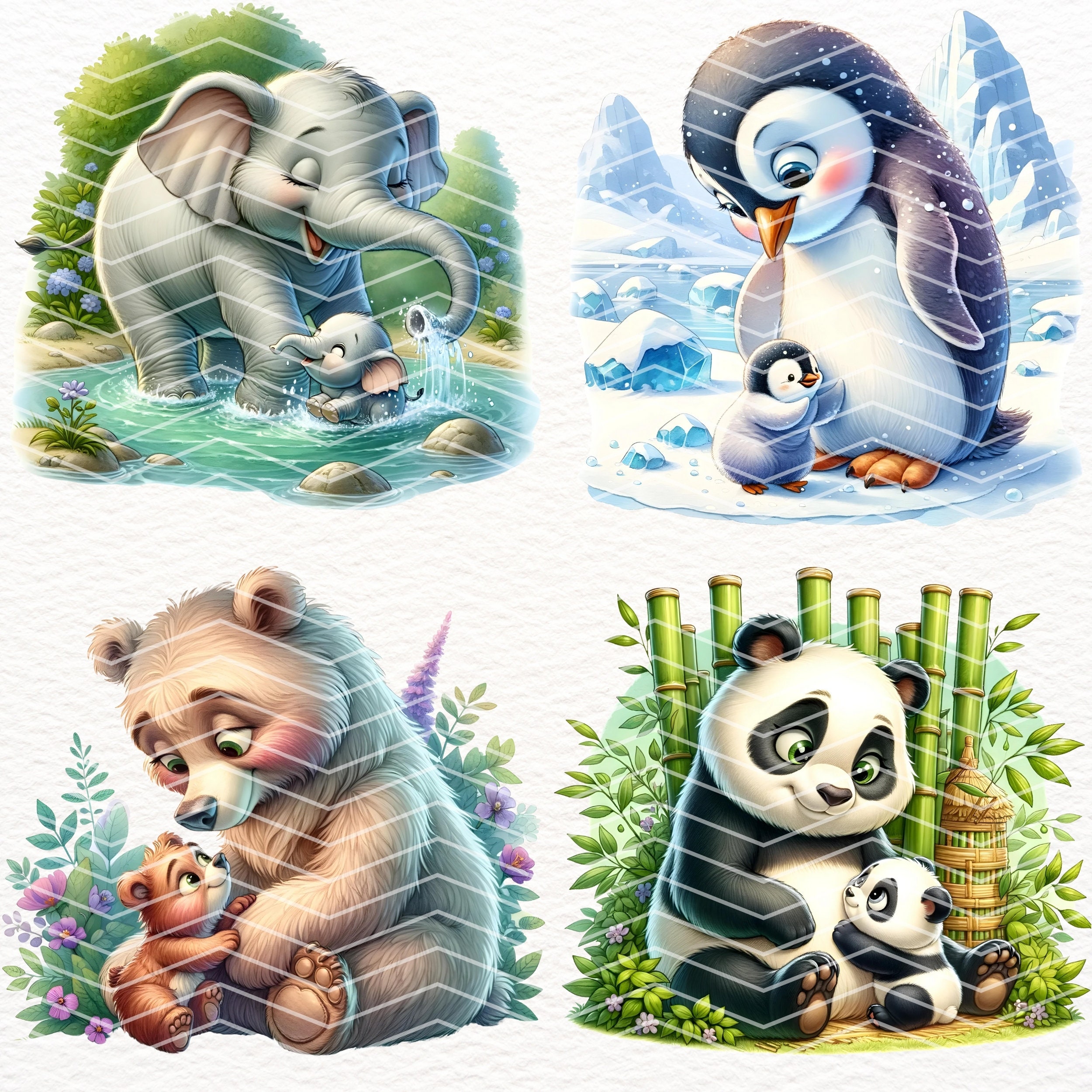 Adorable Watercolor Clipart of Cute Mother and Baby Animals for Nursery ...
