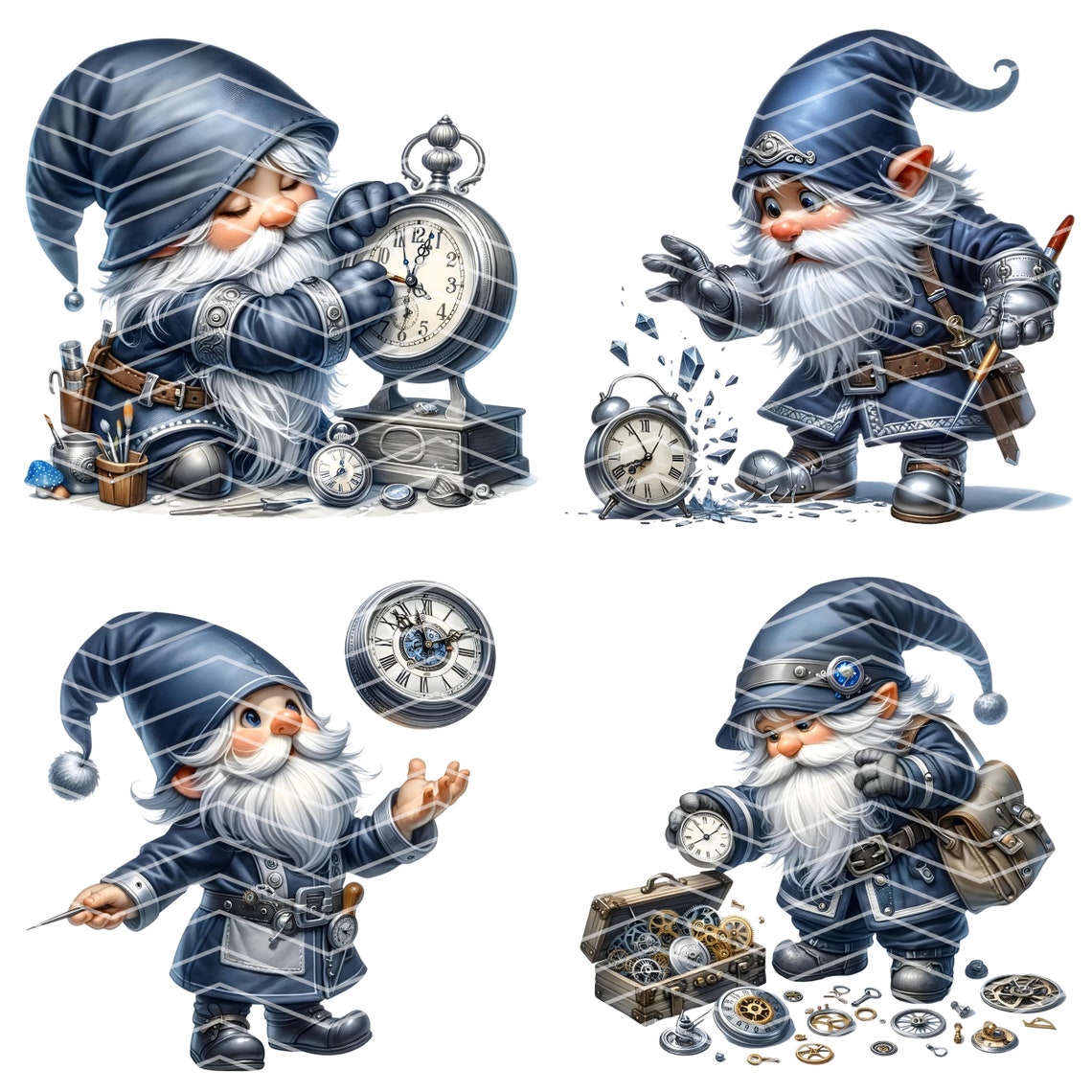 Enchanting Gnomes Clockmaker Watercolor Painting Clipart - Vintage ...