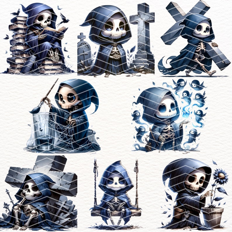 Cute Grim Reaper Watercolor Clipart for Halloween - Perfect for ...