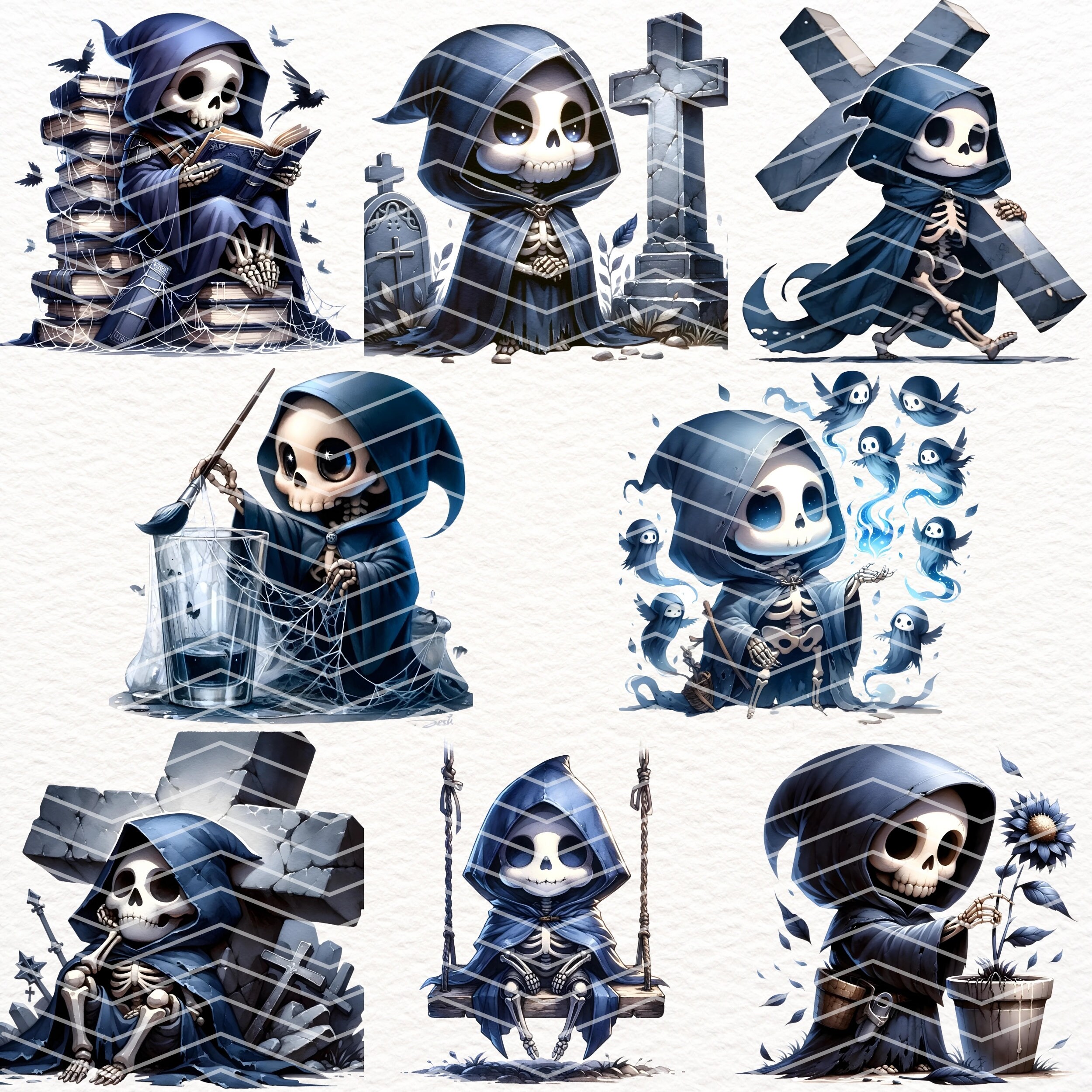 Cute Grim Reaper Watercolor Clipart for Halloween - Perfect for ...