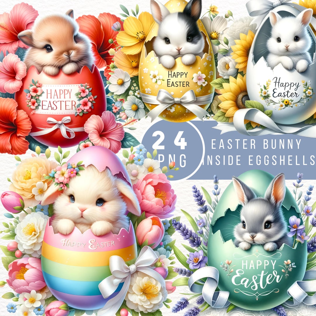 Watercolor Easter Bunny Clipart: Charming Bunny Inside Eggshells ...