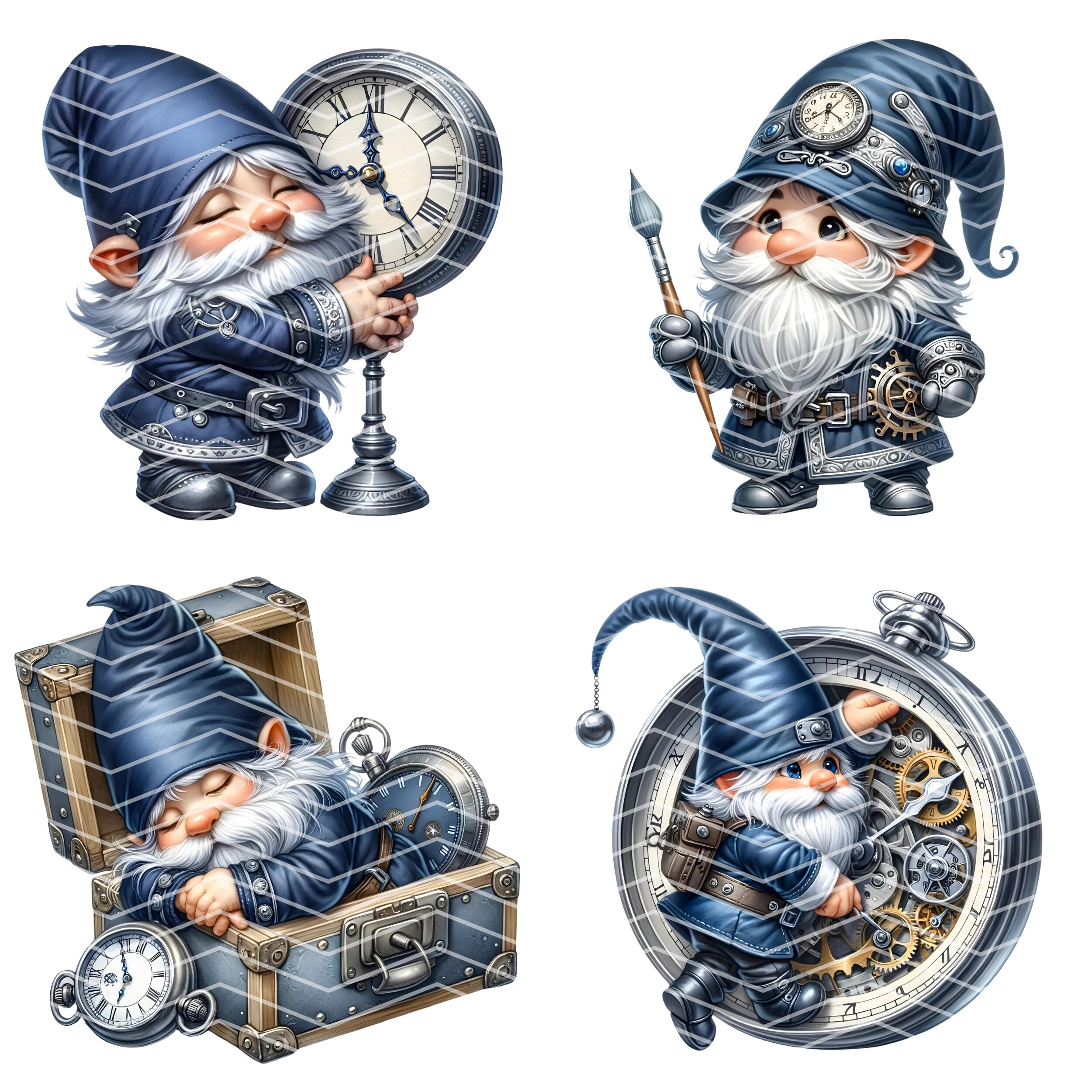 Enchanting Gnomes Clockmaker Watercolor Painting Clipart - Vintage ...