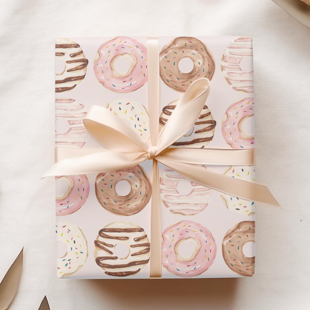 Watercolor Assorted Donuts Wrapping Paper, Sprinkled Doughnut Gift Wrap ...