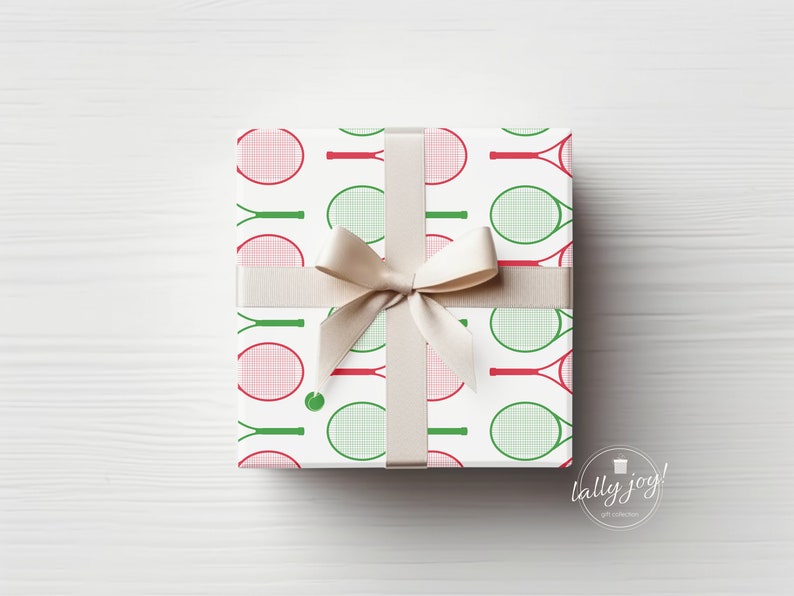 Tennis Racket Wrapping Paper, Christmas Colors Gift Wrap, Holiday Gift ...