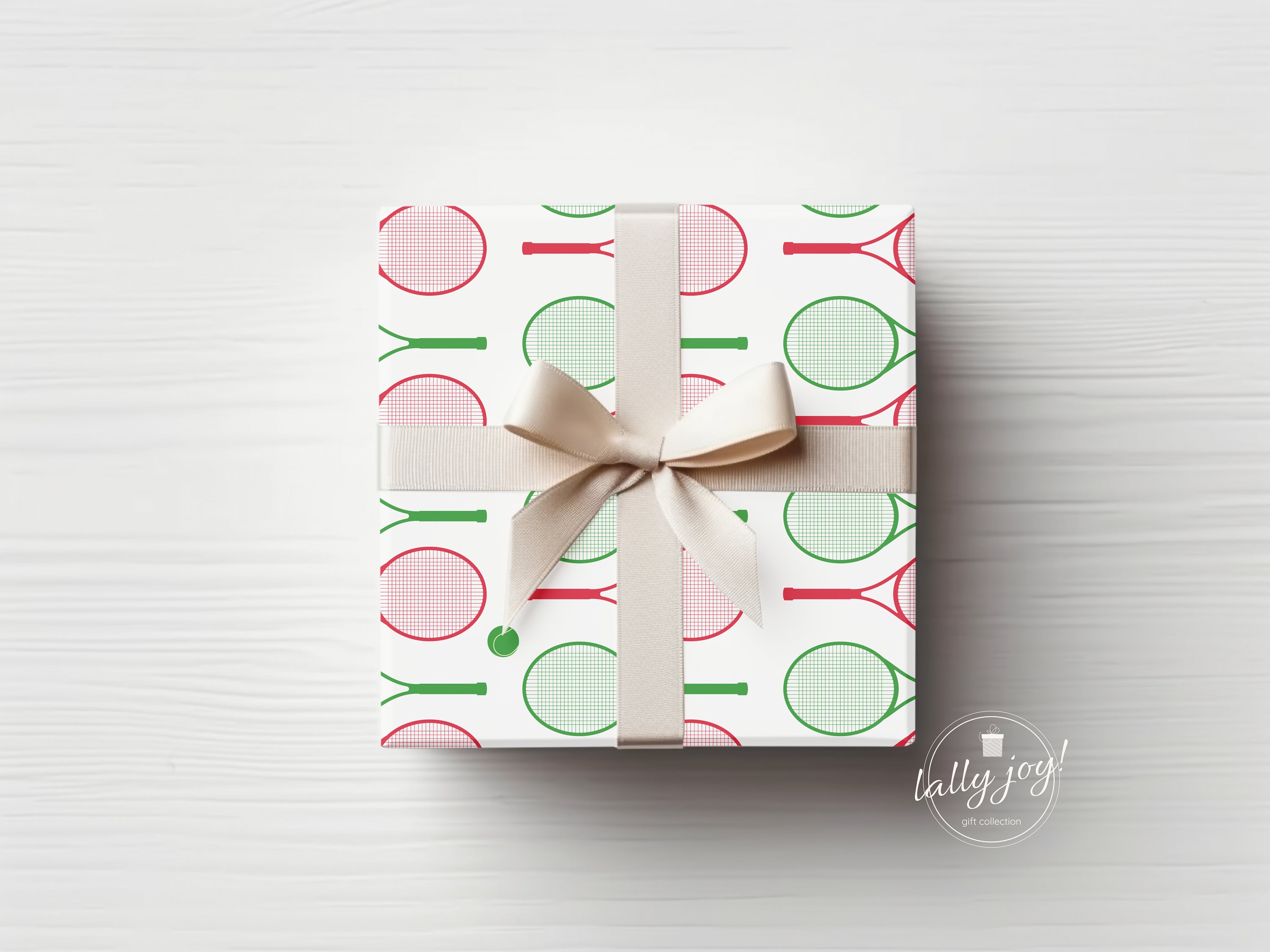 Tennis Racket Wrapping Paper, Christmas Colors Gift Wrap, Holiday Gift ...