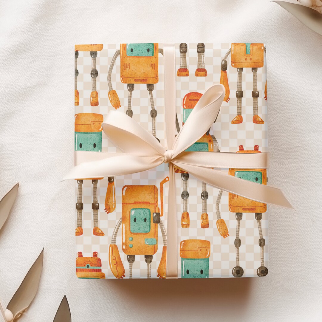 Cute Robot Wrapping Paper, Tan and White Checkerboard Background Gift ...