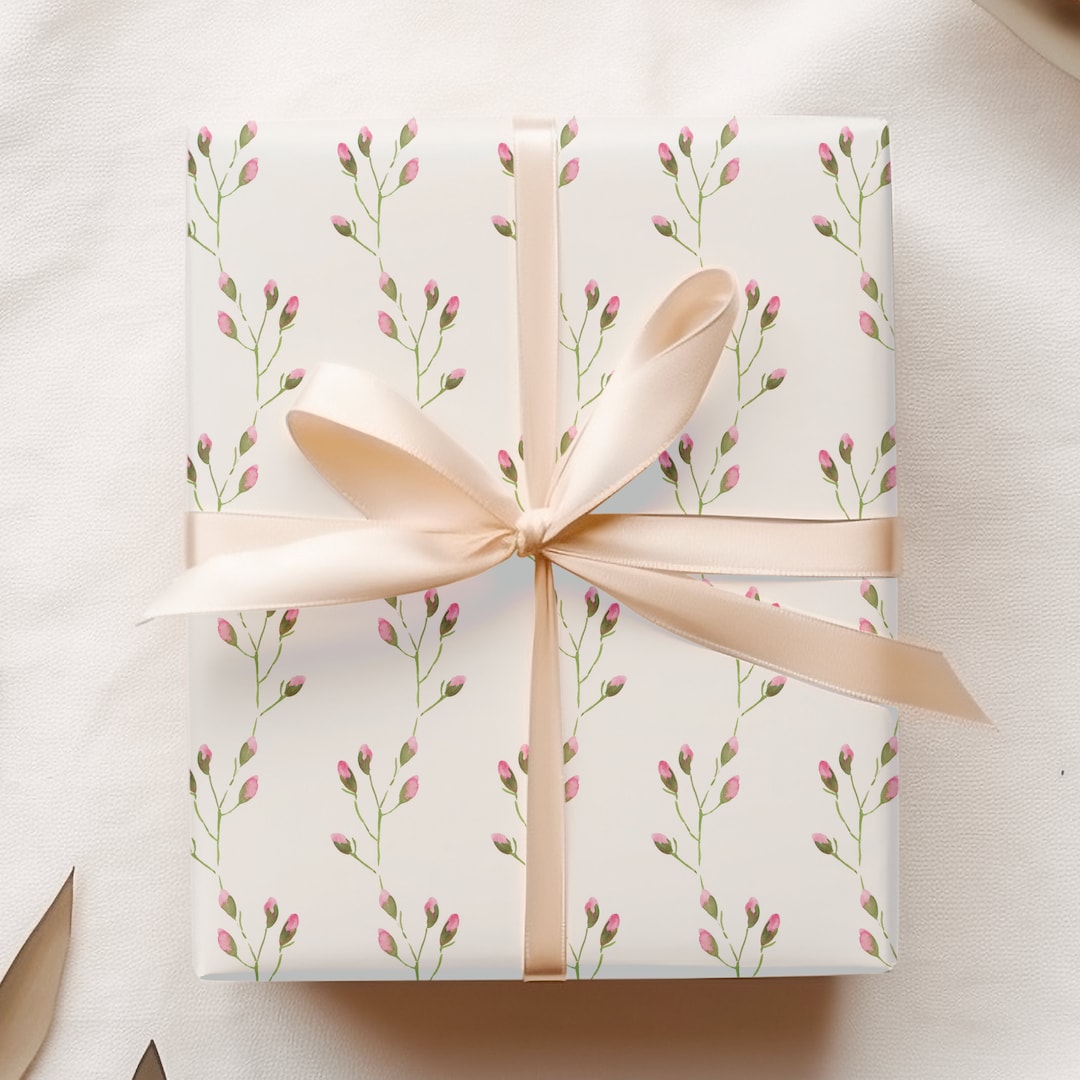 Watercolor Flower Buds Wrapping Paper, Floral Stripes Gift Wrap ...