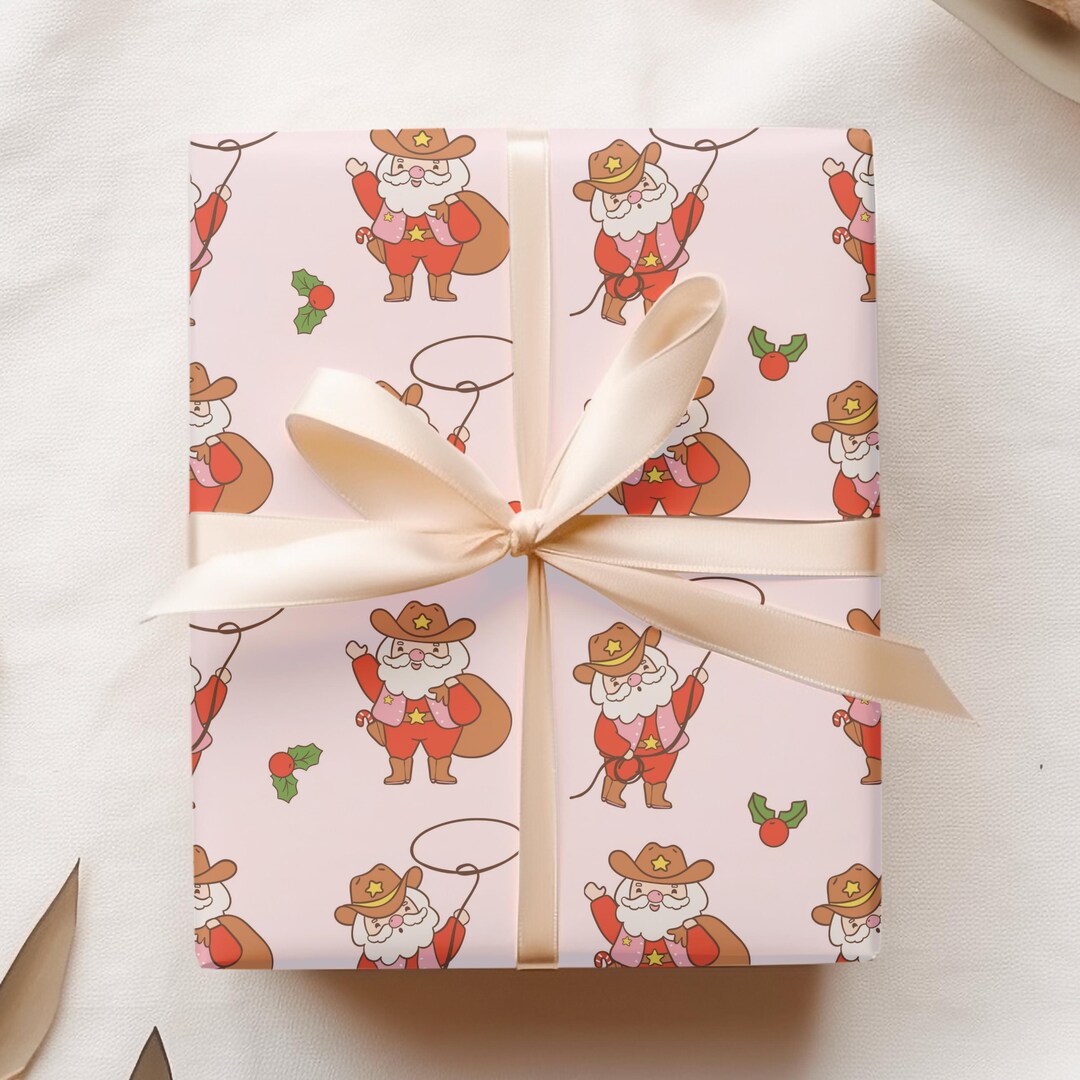 Pink Cowboy Santa Wrapping Paper, Cute Illustrated Western Holiday Gift ...
